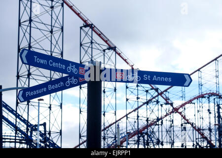 Blackpool Pleasure Beach signpost on the promenade Stock Photo - Alamy