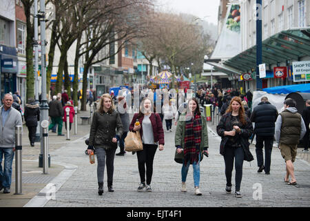 UK, Wales, Swansea, City Centre, Wind Street, Victorian shops built on ...