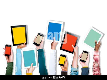 Group of people with devices in hands working on reports with online ...