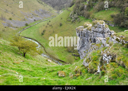 Looking down on the River Lathkill running through Lathkill Dale in the ...