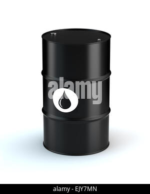 Single black metal oil barrel on red background. Front view. Oil ...