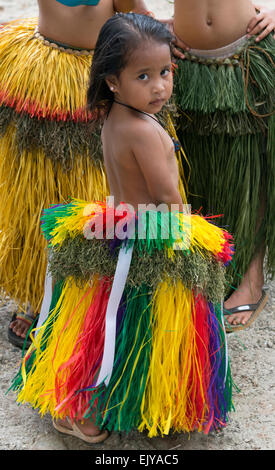 Yapese girl in grass skirt dancing by the ocean, Yap Island, Federated ...