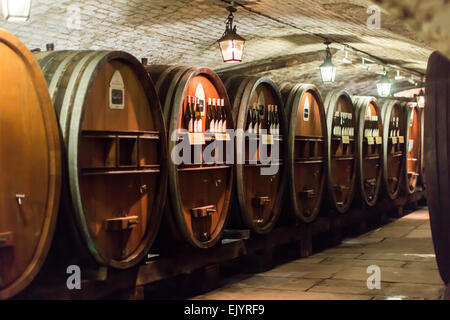 Vats of old wine in the cellar of the Old Hospital, Strasbourg, France ...