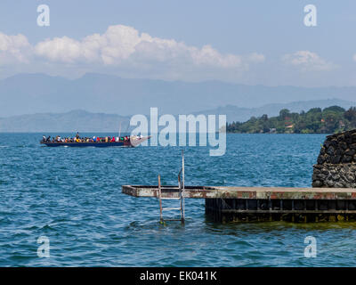 Lake Kivu at Goma, North Kivu Province; Mount Nyriagongo volcano in the ...
