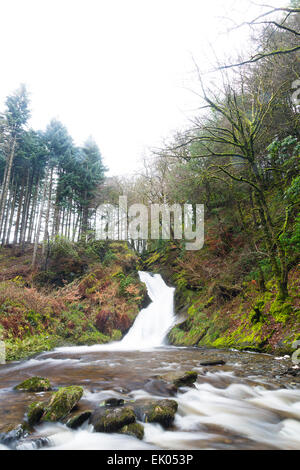Hafod, Wales, UK. 3rd April, 2015. Waterfall running beneath old arched ...