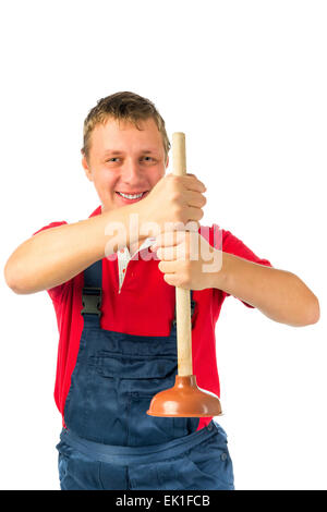 male plumber holding plunger and smiling at camera on blue background ...