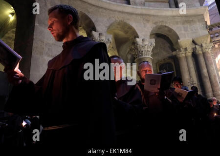 Franciscan clergy taking part in a procession during Holy Week in the ...