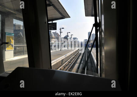View through the front window of a DLR train, London, England Stock ...