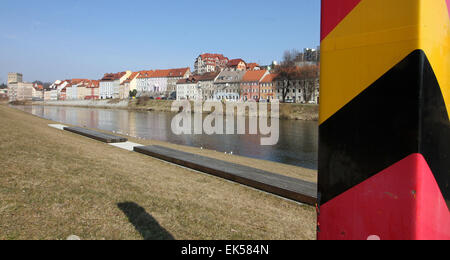 Zgorzelec, Poland, pedestrians on the bridge over the Neisse Stock ...