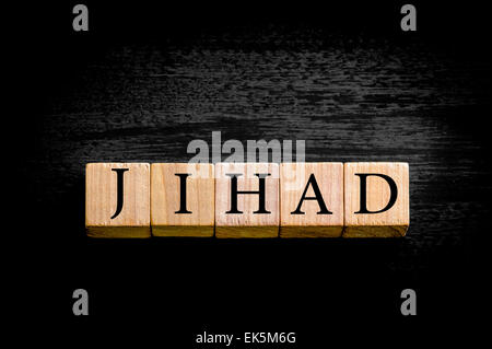 Word JIHAD. Wooden small cubes with letters isolated on white ...