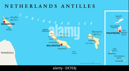 Dutch Caribbean political map with Aruba, Curacao, Bonaire, Sint ...