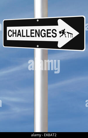 Challenges Ahead Ahead Blue Road Sign Against Clear Sky Stock Photo ...