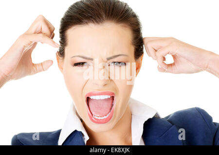 Stressed or angry businesswoman screaming loud , isolated on white Stock Photo - Alamy