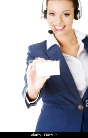 Customer service representative holding businesscard Stock Photo - Alamy