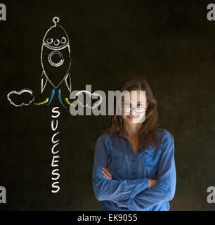 Business woman and chalk success rocket Stock Photo - Alamy