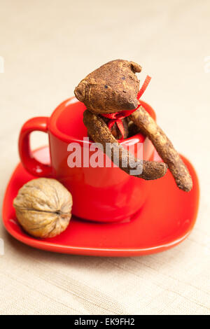 Teddy bear handmade and nuts on a red background Stock Photo - Alamy