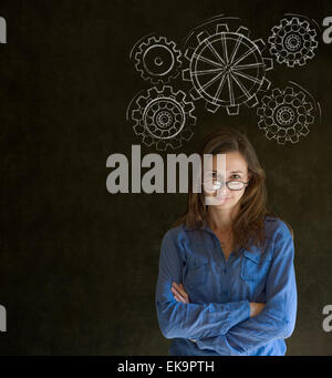 Woman thinking with turning gear cogs or gears Stock Photo - Alamy
