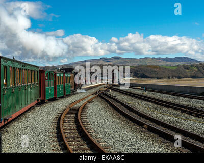 The Taliesin III, a Single Fairlie locomotive with carriages crosses ...