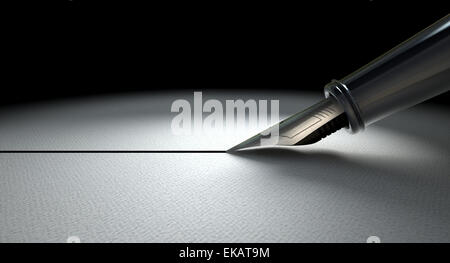 A side view closeup of the metal nib of an old fountain pen drawing a ...