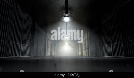 A corridor in a prison at night showing jail cells illuminted by ...