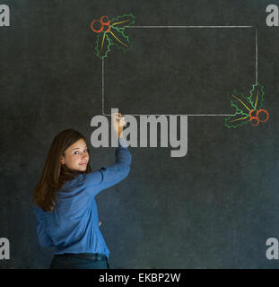 Woman, student or teacher with Christmas holly menu to do checklist ...