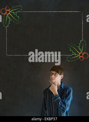 Man, student or teacher with Christmas holly menu to do checklist Stock ...