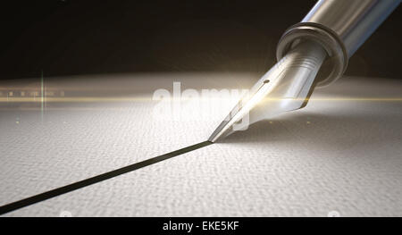 A side view closeup of the metal nib of an old fountain pen drawing a ...