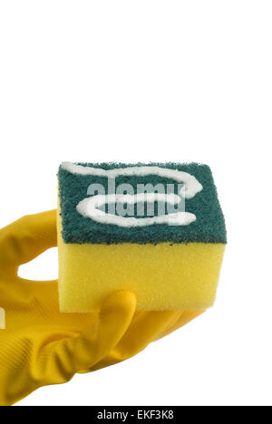 Yellow cleaing sponge and hand Stock Photo - Alamy