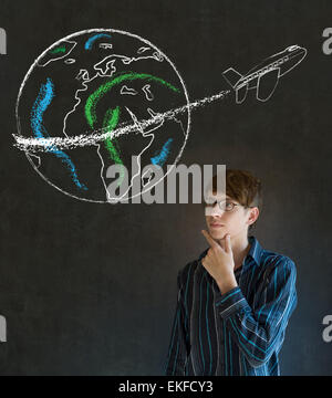 Man with chalk globe and jet world travel Stock Photo - Alamy
