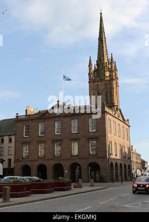 Joseph Hume statue and old Church steeple Montrose Angus Scotland April ...