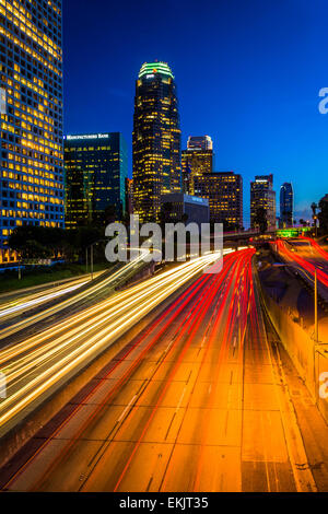 Traffic on the 110 Freeway and the Los Angeles Skyline at night, seen ...