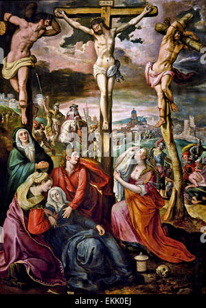 Crucifixion. Christian cross with Jesus Christ statue over stormy clouds. religion and ...