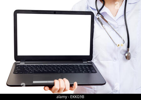 nurse holds computer laptop with blank screen isolated on white ...