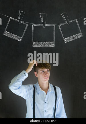 Businessman, teacher or student with chalk instant photos Stock Photo ...