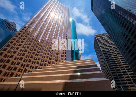 Houston downtown skyscrapers disctict blue sky mirror Stock Photo - Alamy