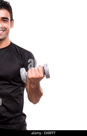 Smiling man lifting weights over white background Stock Photo - Alamy
