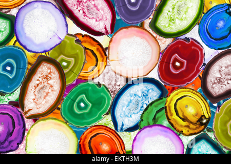 Colorful mosaic made of backlit agate slice stones, white space between ...