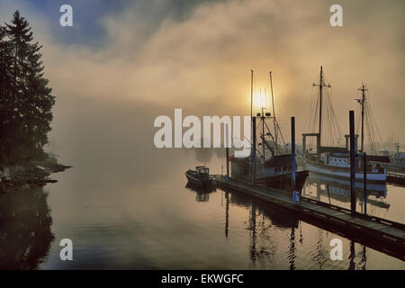 Fog lifting over Auke Bay Harbor, Juneau, Southeast Alaska Stock Photo ...