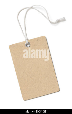 Blank brown paper price tag over light blue fabric background Stock ...