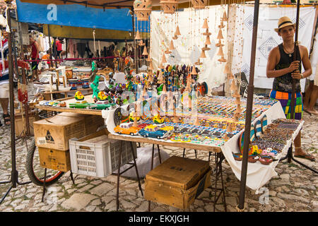 Cuba Trinidad cobbled street arts craft handicrafts market stall woven ...