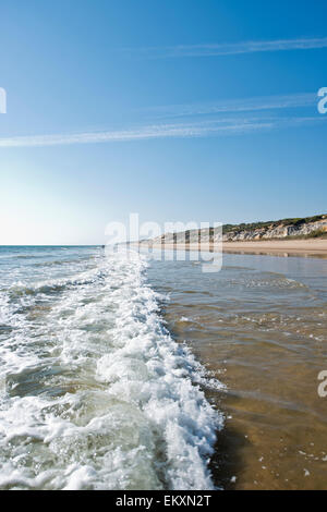 Summer sand beach and seashore waves background. Defocused holiday ...
