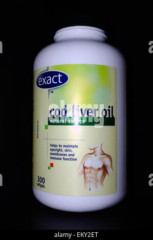 A bottle of Cod Liver Oil tablets rich in omega 3 against a white ...