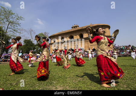 Sivasagar, Assam, India. 15th Apr, 2015. Girls perform Bihu dance at ...
