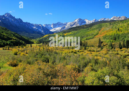 USA, Colorado, Sneffels Range. Mountain and Blue Lakes Basin on spring ...
