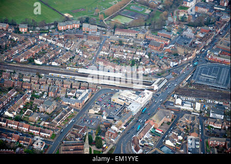 Aerial view of Tonbridge looking south showing the railway line and ...