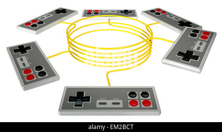 A collection of vintage rectangular gaming controllers connected in a ...