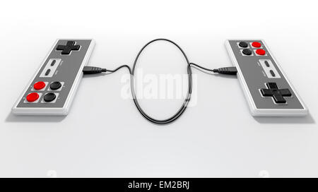 Two opposing vintage rectangular gaming controllers connected by their ...