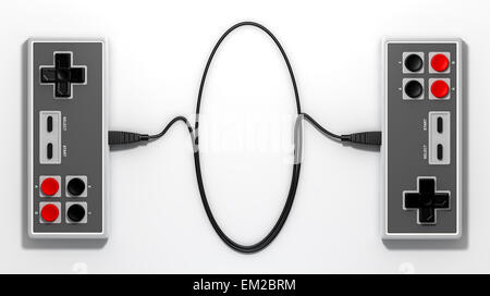 Two opposing vintage rectangular gaming controllers connected by their ...