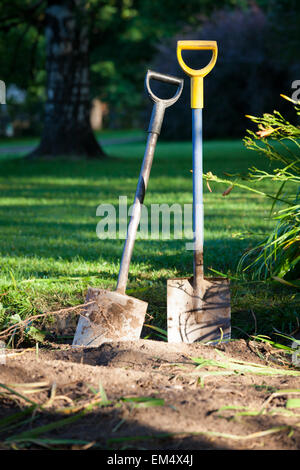 Two shovels in ground Stock Photo - Alamy