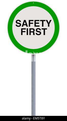 safety first traffic sign on bluesky Stock Photo - Alamy